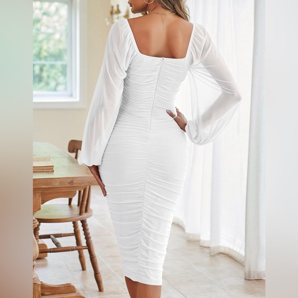 Dresses | Long Puff Sleeve Ruched Bodycon Dress Square Neck Meshmidi ...